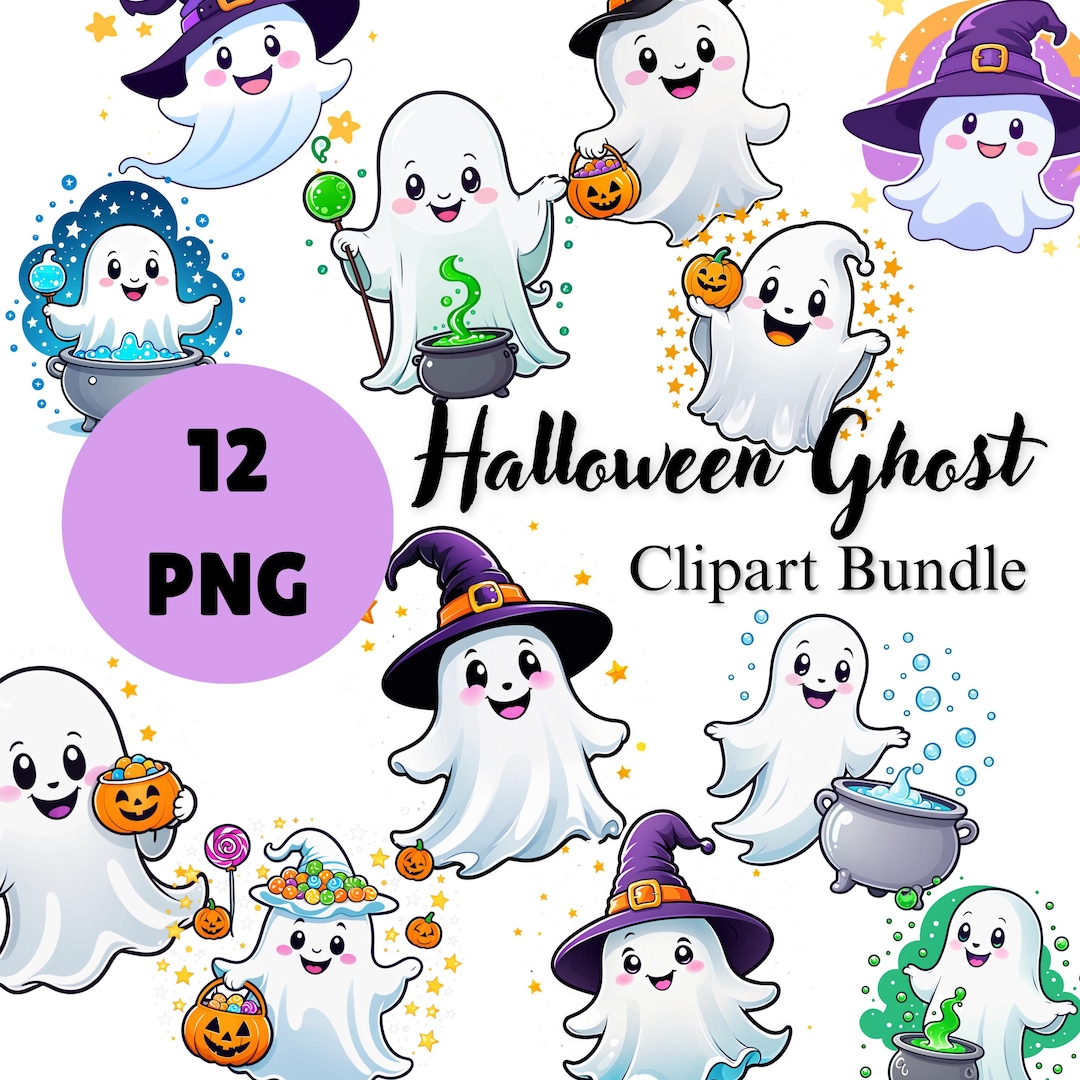 Cute Halloween Ghost PNG Bundle | 12 Ghost Clipart | Spooky Halloween ...