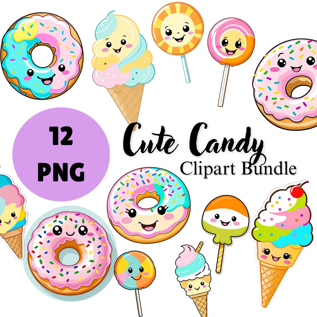 Kawaii Candy Clipart Bundle: 12 PNG Ice Cream & Donuts (digital ...