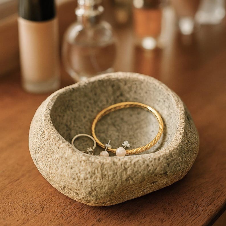 Handmade River Stone Bowl – Rustic Pebble Planter, Jewelry Catchall ...
