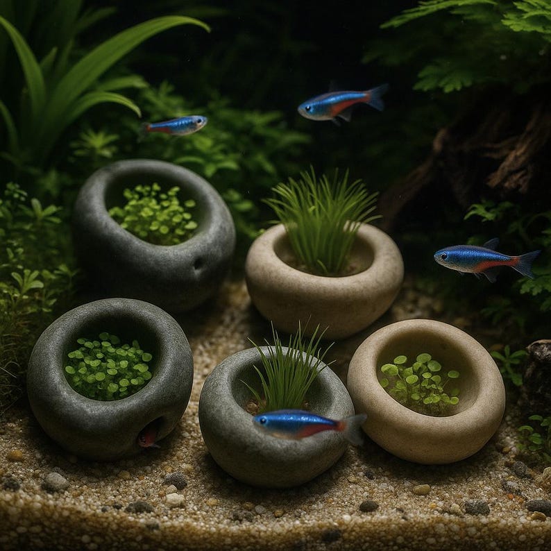 Mini River Stone Aquarium Plant Holder – Handmade Pebble Pot for Moss ...