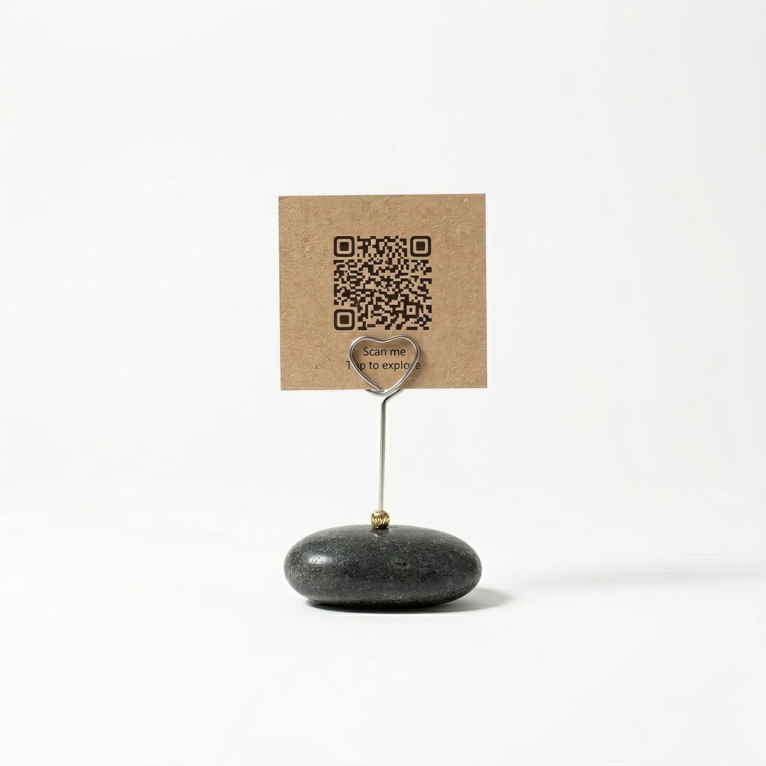 QR Code Sign Holder, Natural Pebble Base, Table Menu Stand, Minimalist ...