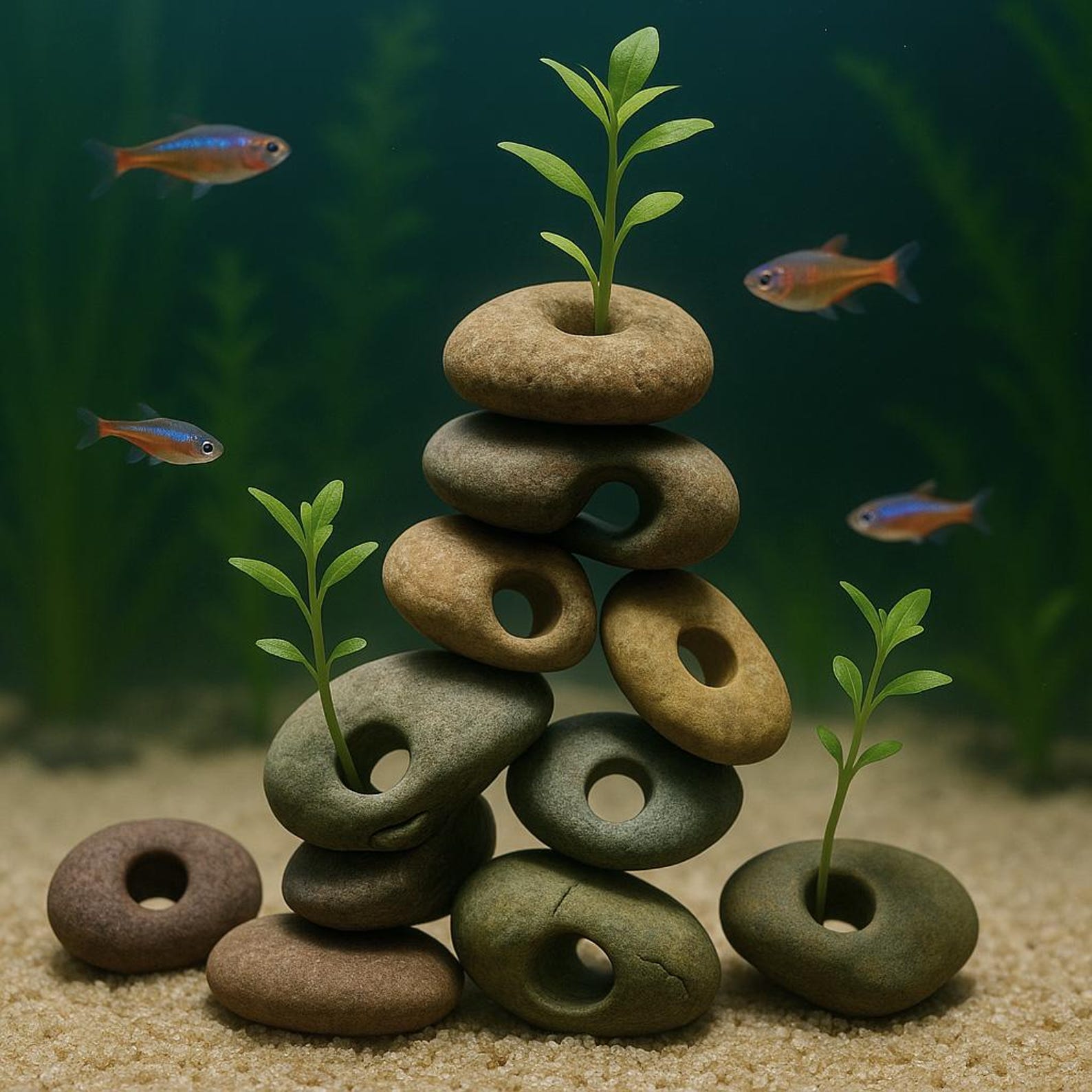 Natural River Stone Aquarium Plant Holder – Handmade Drilled Pebble ...