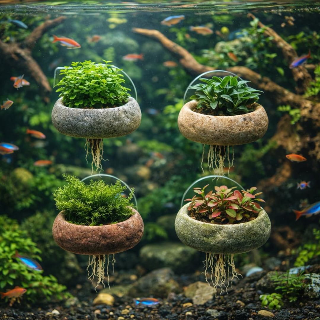 Mini Stone Aquarium Planter With Suction Cup | Glass Mounted Aquatic ...