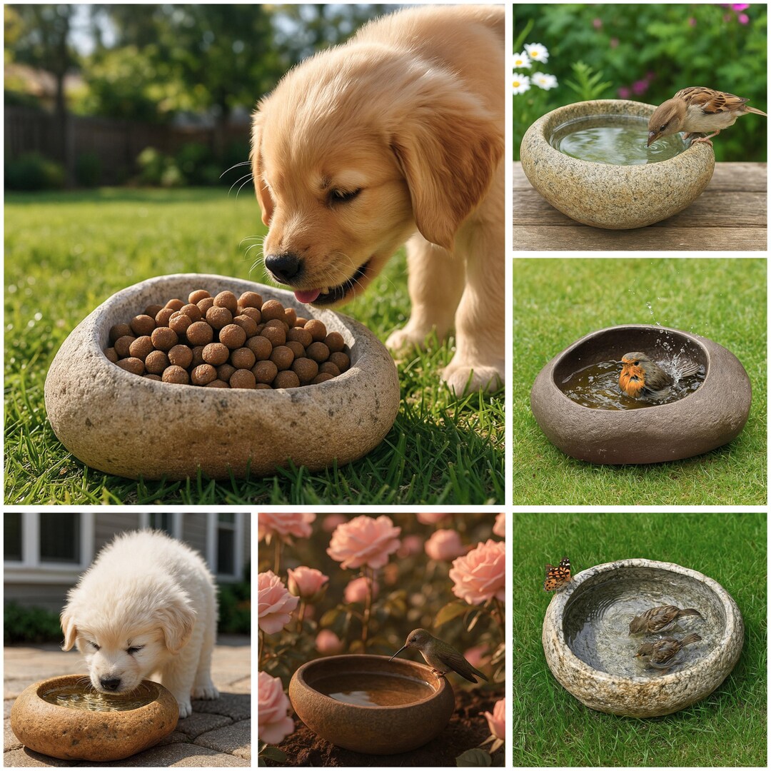 Natural River Stone Bird Bath – Handmade Pebble Bowl for Hummingbirds ...