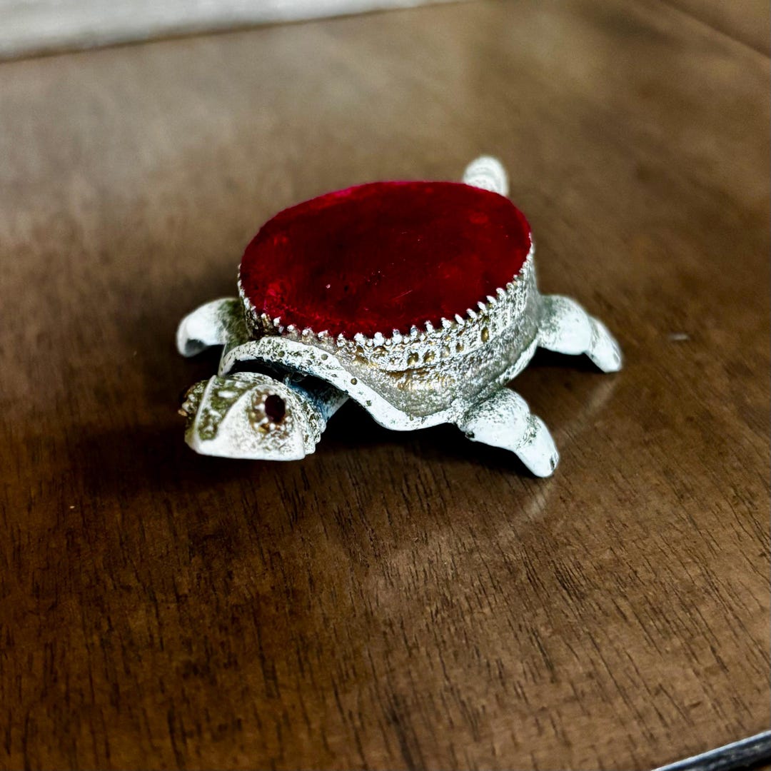 Vintage MCM Jeweled Turtle Pin Cushion - Red Velvet, Bobble Head Sewing ...