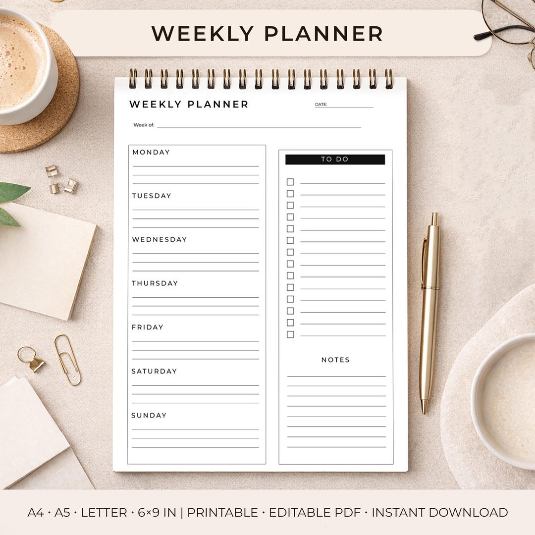 Minimal Weekly Planner Printable | A4 A5 US Letter, 6x9 (digital ...