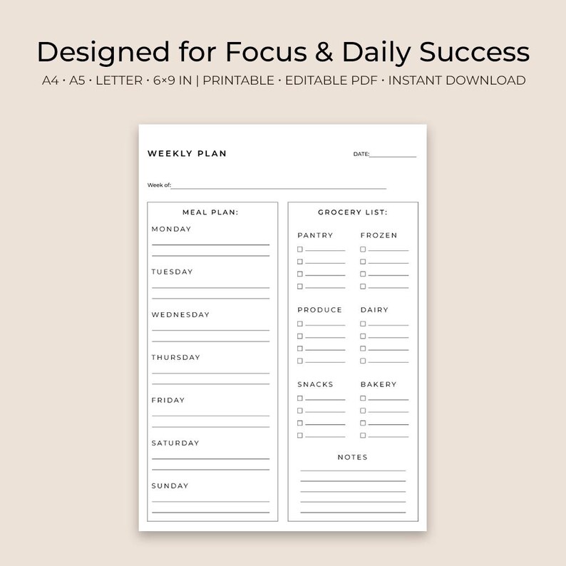 Weekly Meal Planner Printable | Meal Plan & Grocery List | Minimal Food Planner | A4 A5 US ...