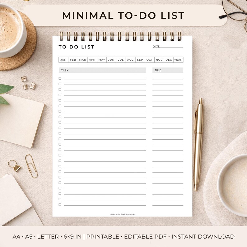 Minimalist To-do List Printable | Daily Task Planner (a4/a5/letter/6x9 ...