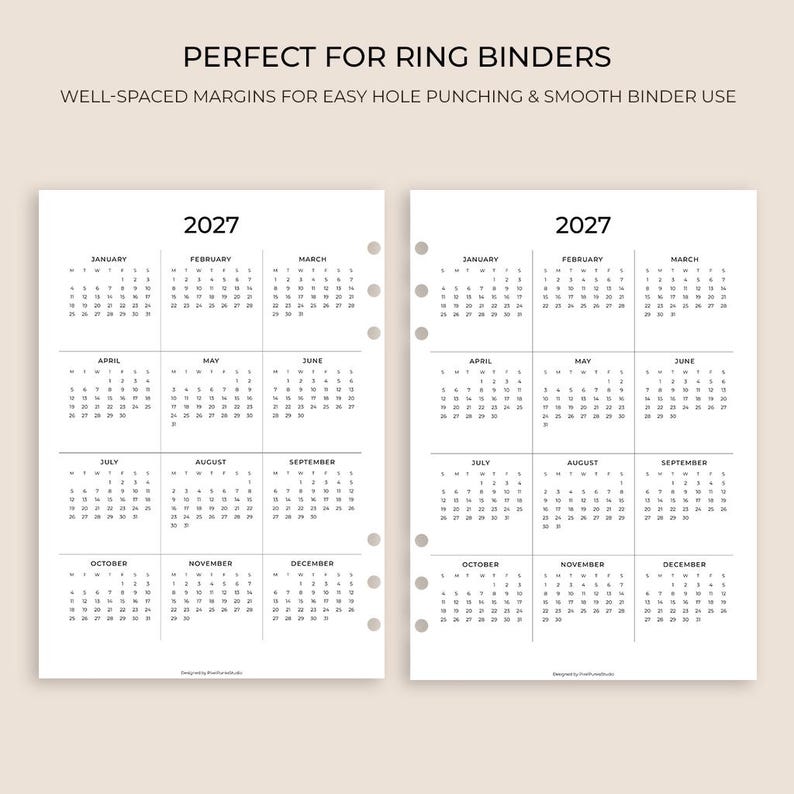 2027 Minimal Calendar Printable | Year at a Glance (editable PDF, A4/a5 ...