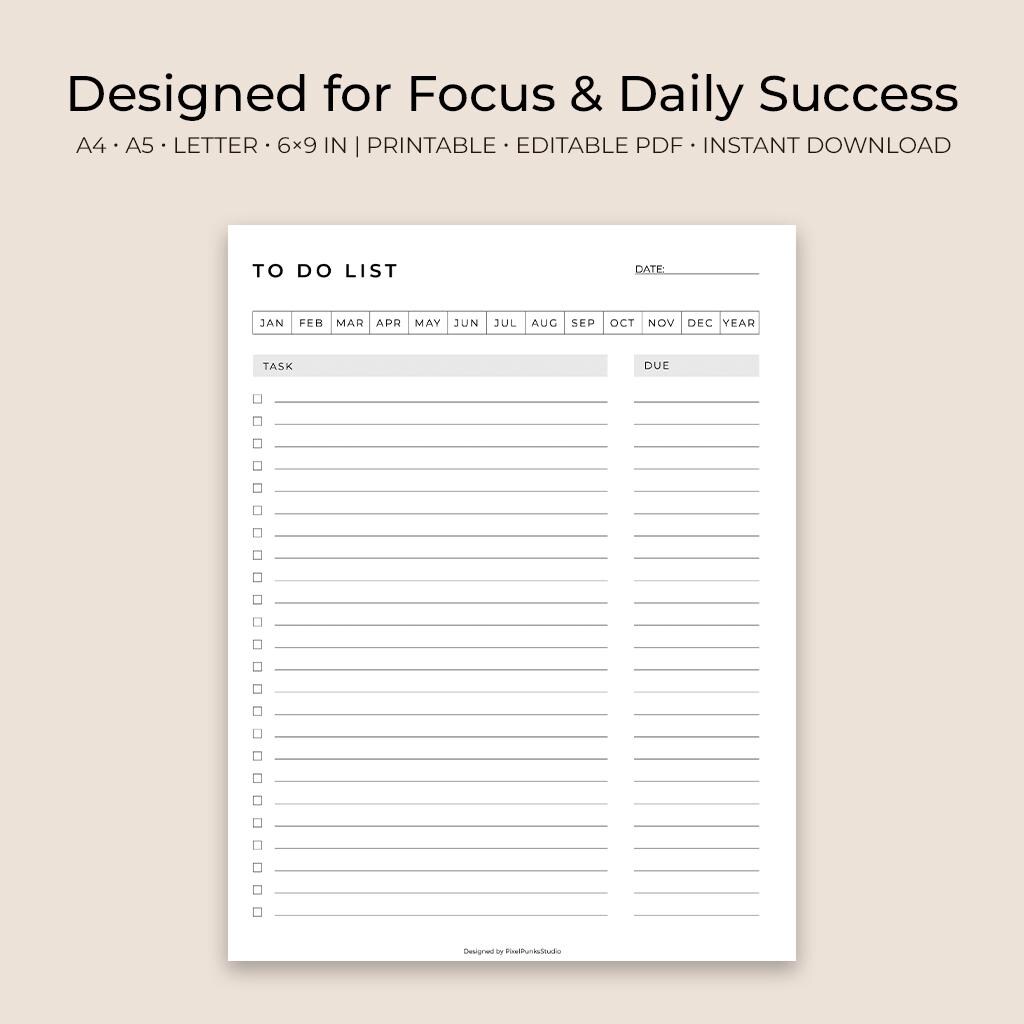 Minimalist To-do List Printable | Daily Task Planner (a4/a5/letter/6x9 ...