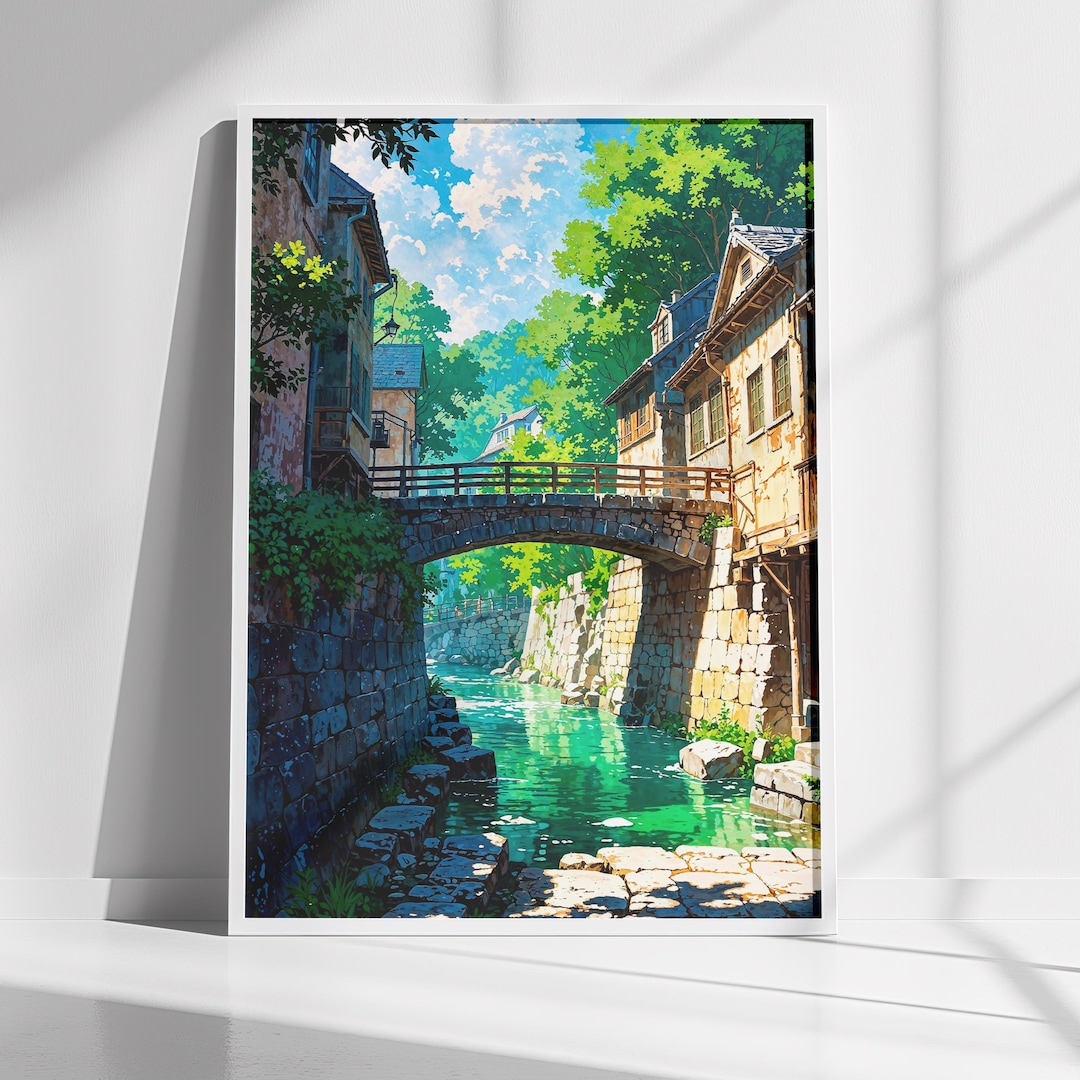 Cozy Anime Village Bridge Printable Wall Art, Japanese-inspired Stone ...