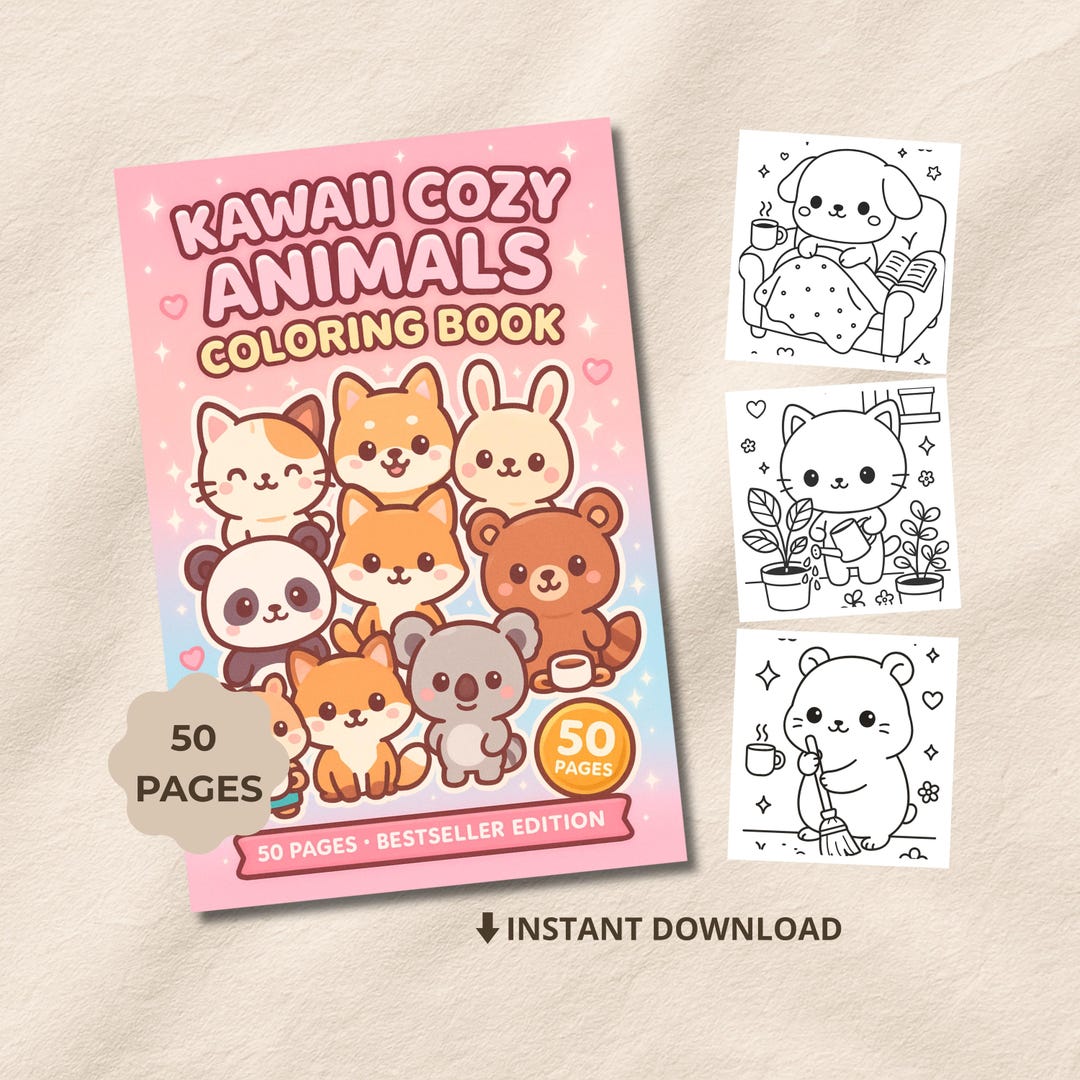Kawaii Cozy Animals Coloring Book, Cute Animal Coloring Pages, Cozy ...