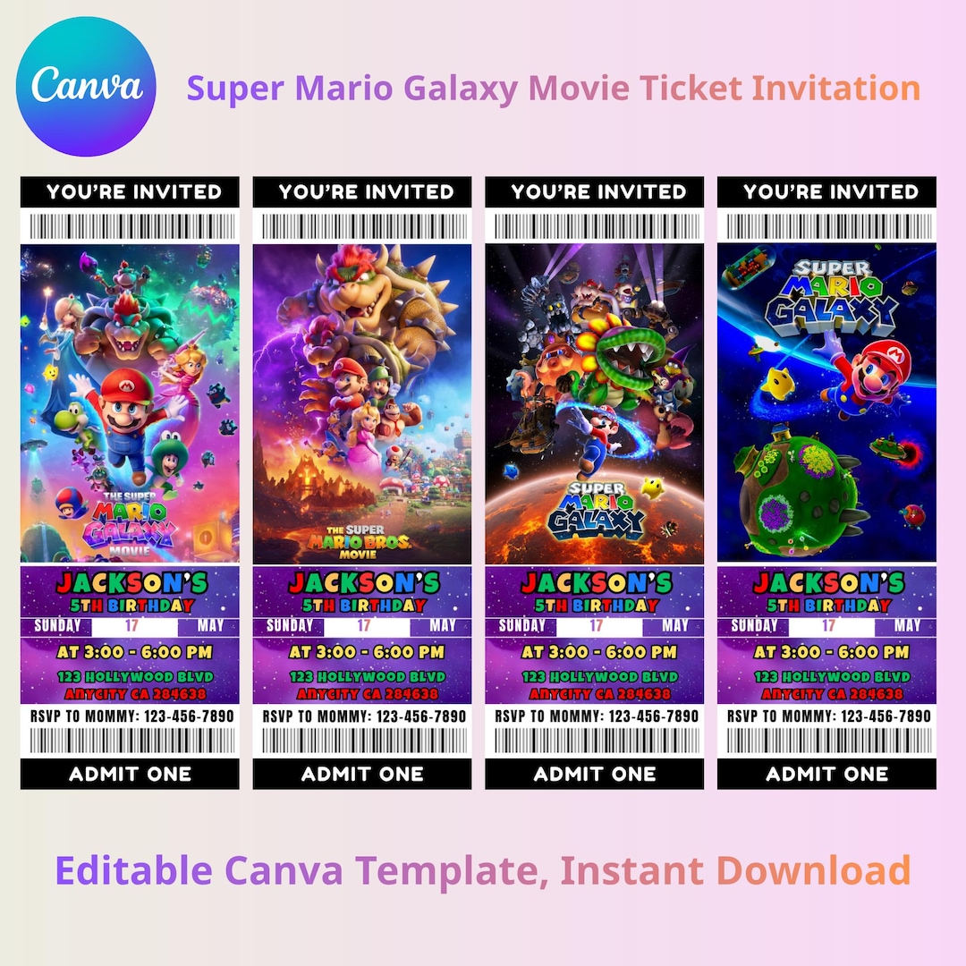 Super Mario Galaxy Movie Ticket Invitation, Galactic Party Invite, Kids ...