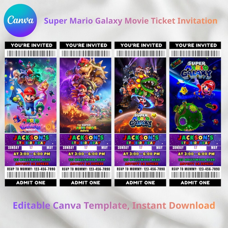 Super Mario Galaxy Movie Ticket Invitation, Galactic Party Invite, Kids ...