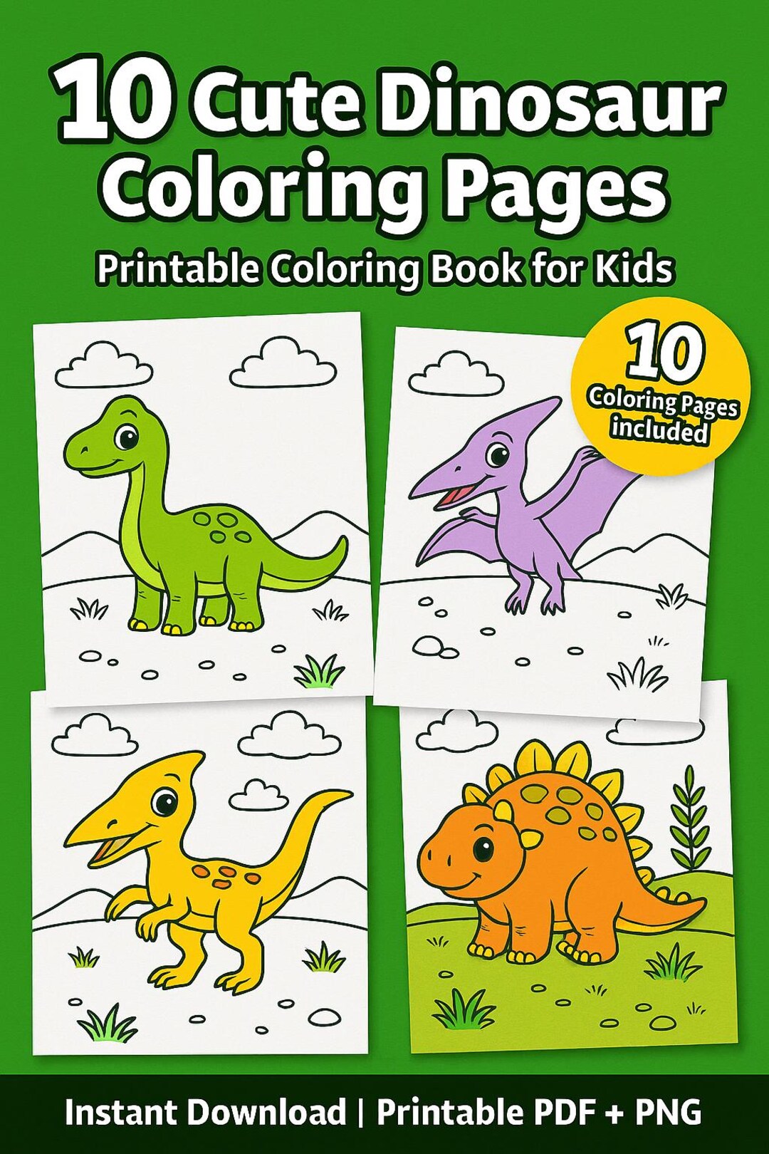 Cute Dinosaur Coloring Pages | Kids Printable Book (digital Download ...