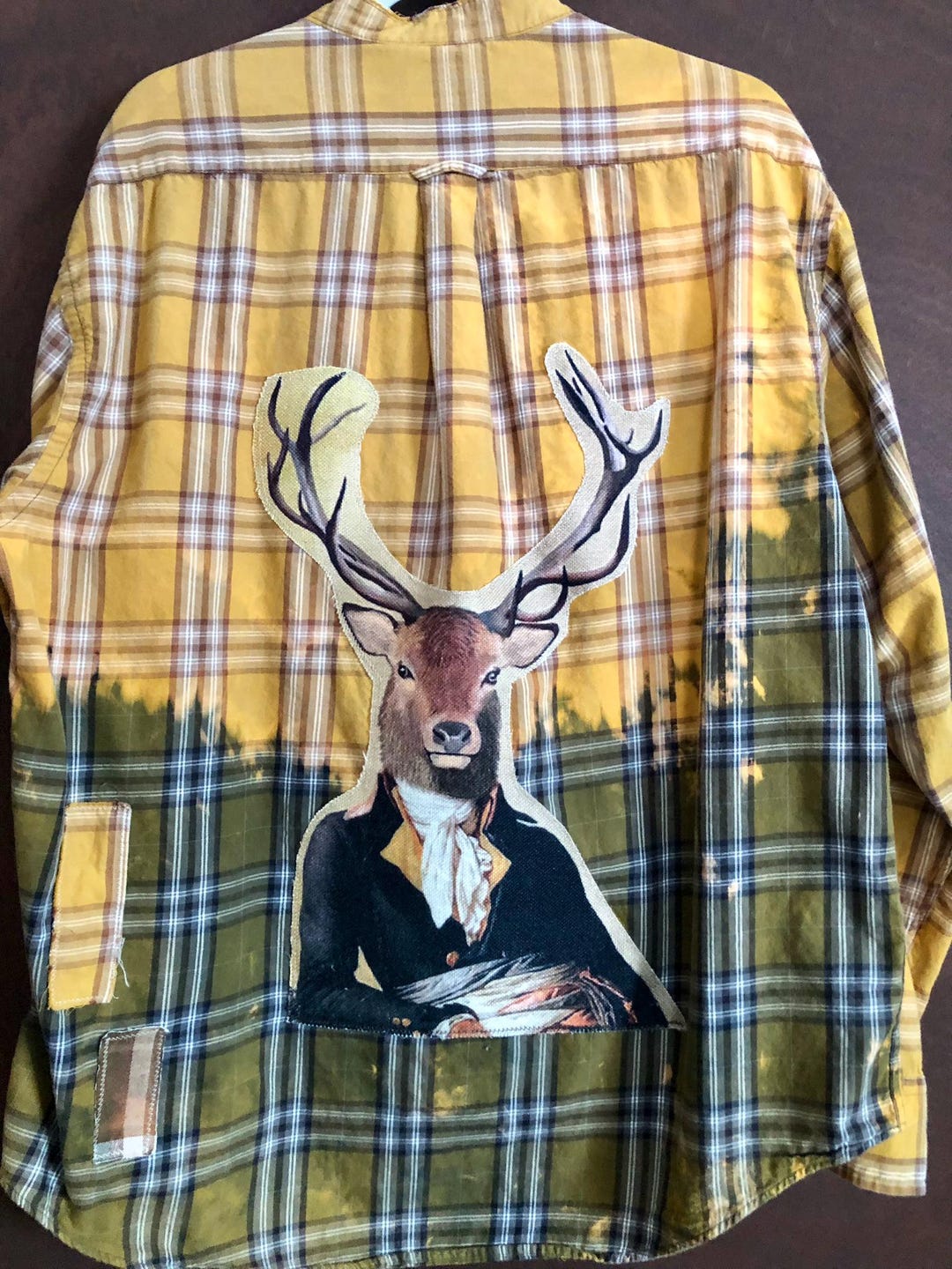 Bleached Upcycled Flannel XL - Deer Motif - Vintage Fabric Patches ...