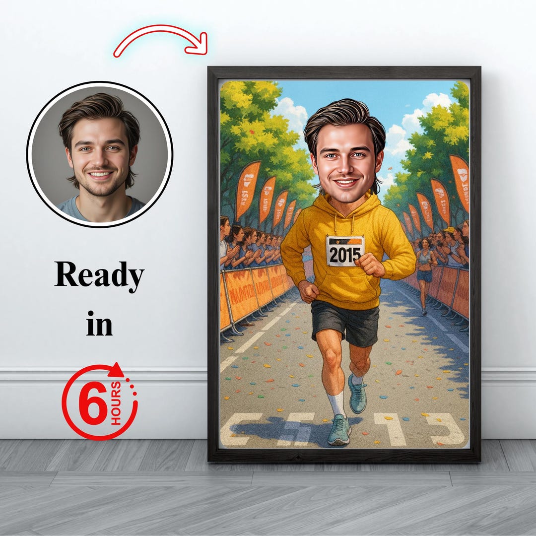 Custom Marathon Runner Caricature: Personalized Digital Sports Portrait ...