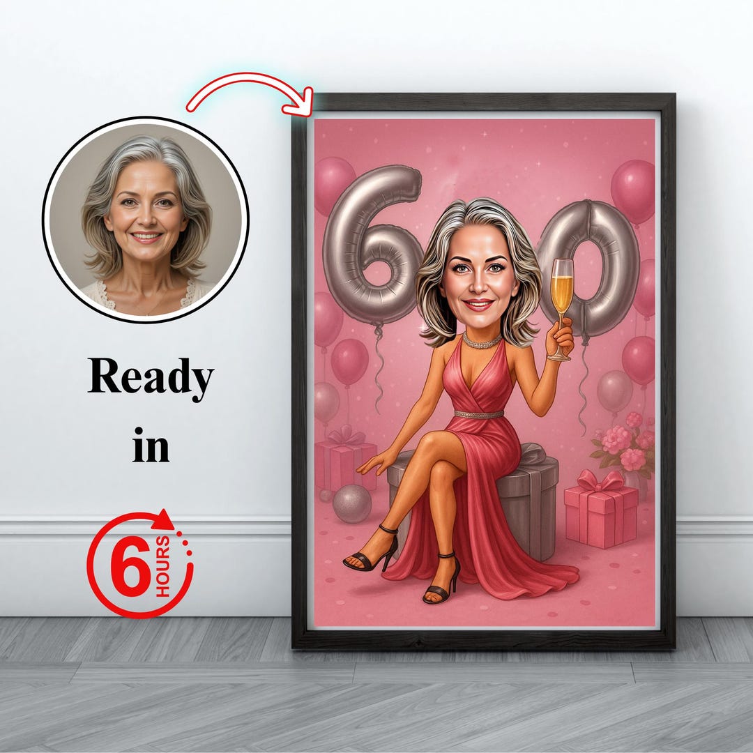 Custom 60th Birthday Caricature Woman | Funny Cartoon Portrait Gift ...