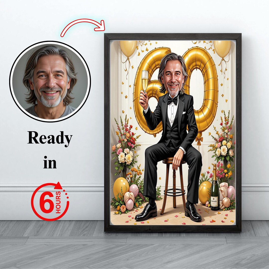 Custom 60th Birthday Cartoon Portrait | Personalized Digital Caricature ...