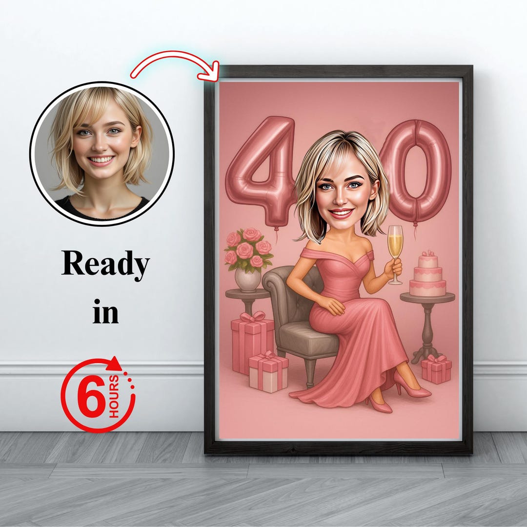 40th Birthday Caricature | Custom Digital Cartoon Portrait for Her - Etsy