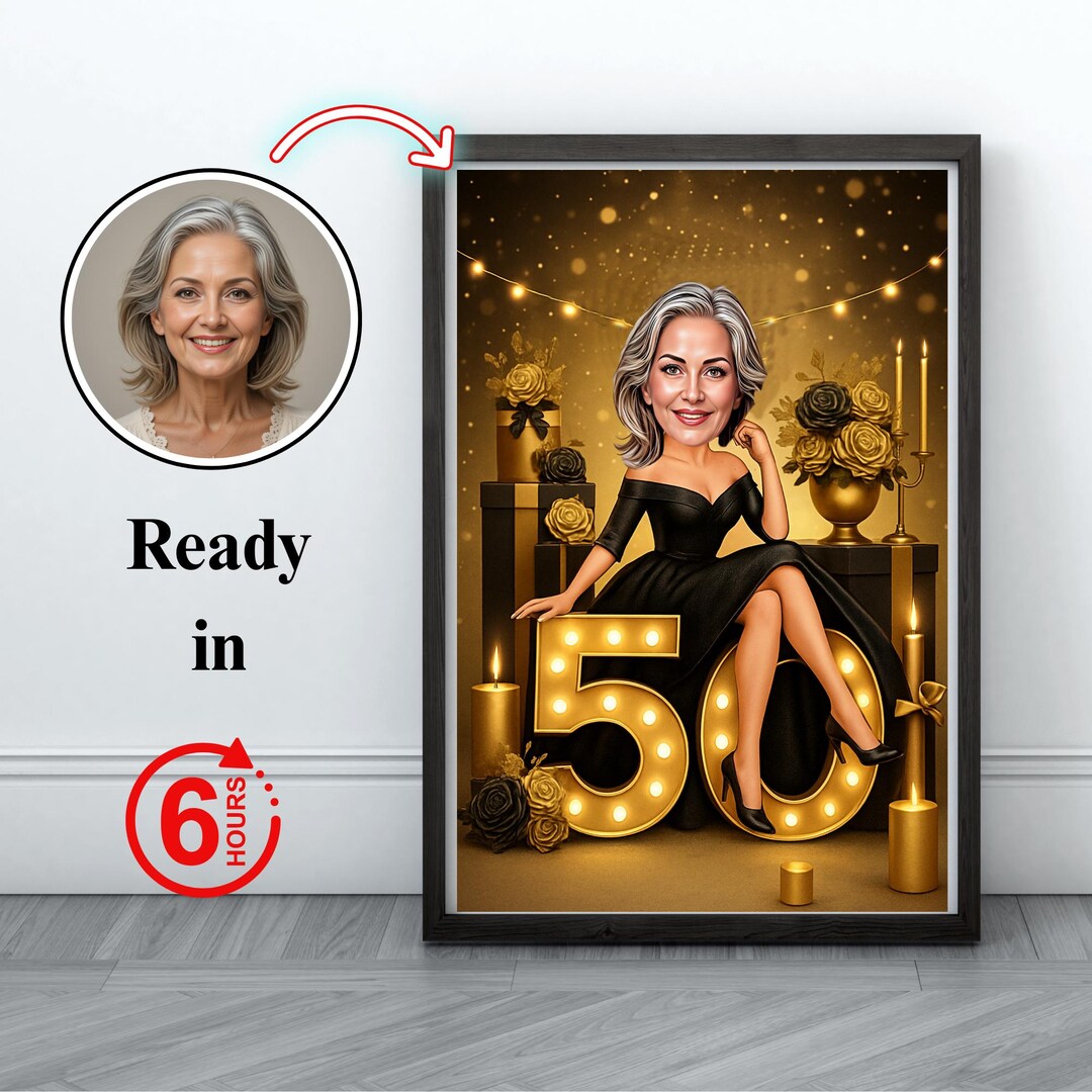 Custom 50th Birthday Caricature for Women | Elegant Cartoon Portrait ...