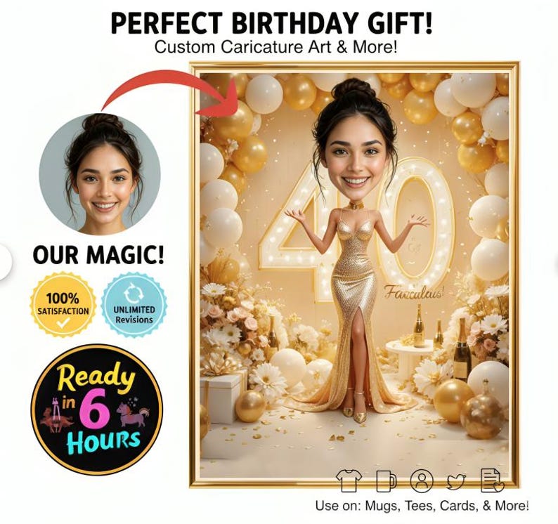 Custom 40th Birthday Caricature for Woman | Funny Cartoon Portrait Gift ...