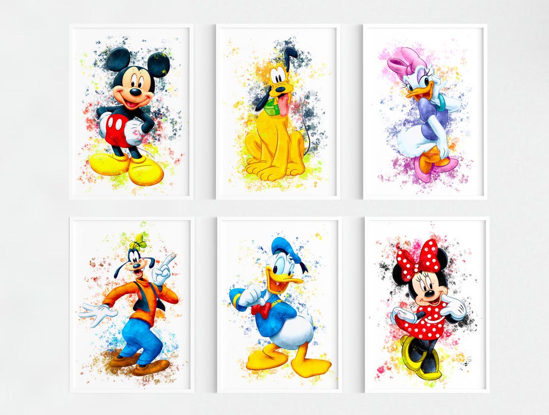 Mickey Mouse Characters Watercolour Splash Effect Wall Prints, Set of 6 ...