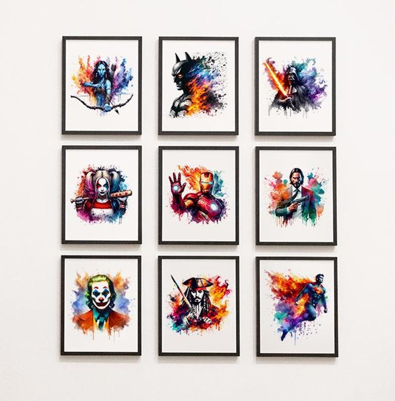 Iconic Superhero and Villain Character Splash Effect Wall Prints, Set ...