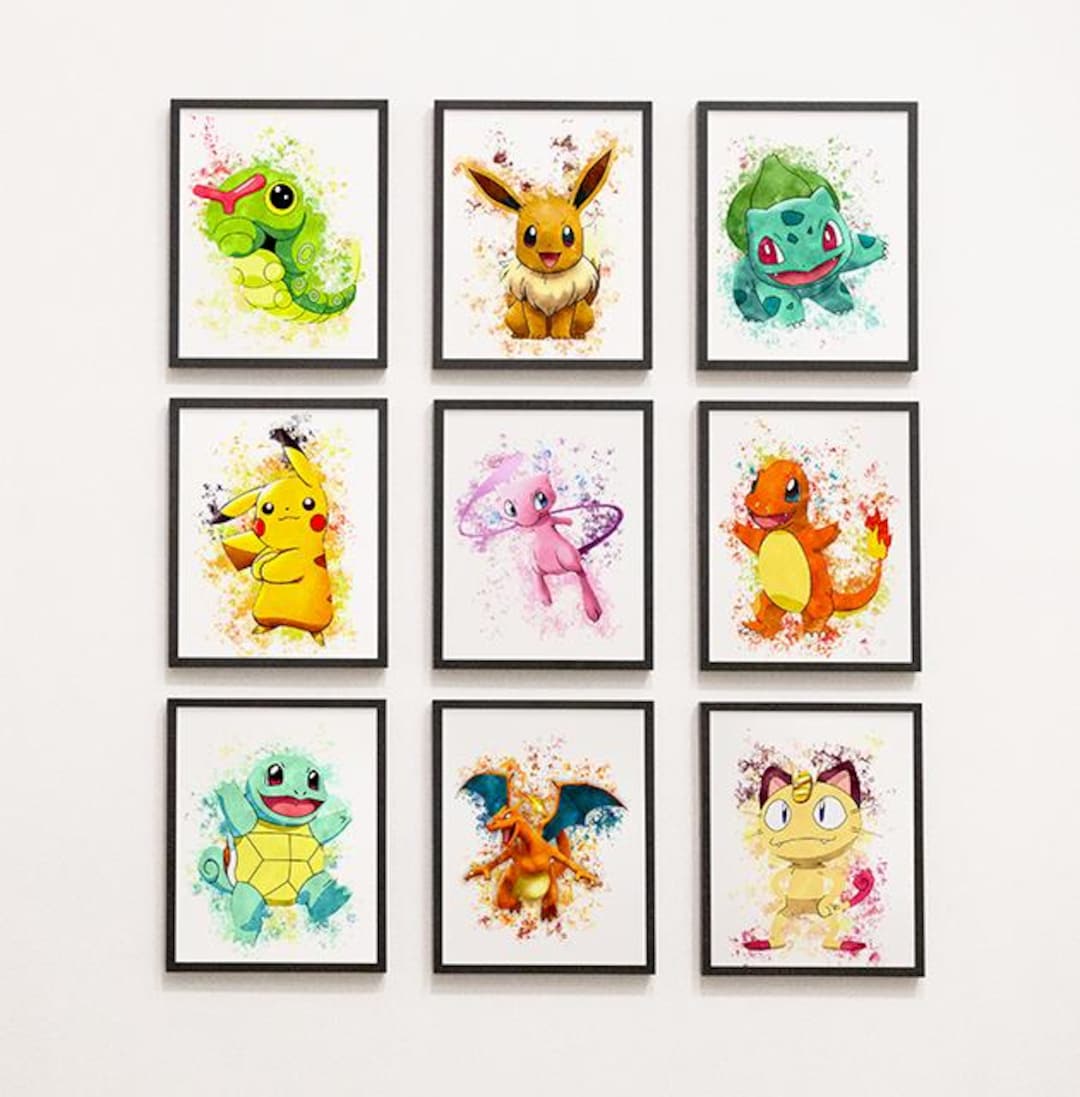 Pokemon Characters Watercolour Splash Effect Wall Prints, Set of 9 ...