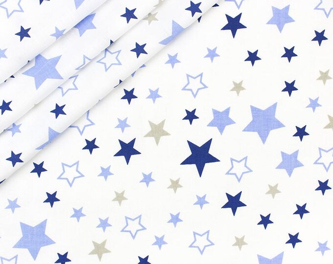 Cotton Fabric by the Yard – Blue and Gray Stars on White, Nursery Star ...