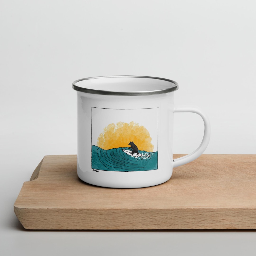 Surfing Bear Enamel Camping Mug, Outdoor Adventure Cup, Campfire Beer ...