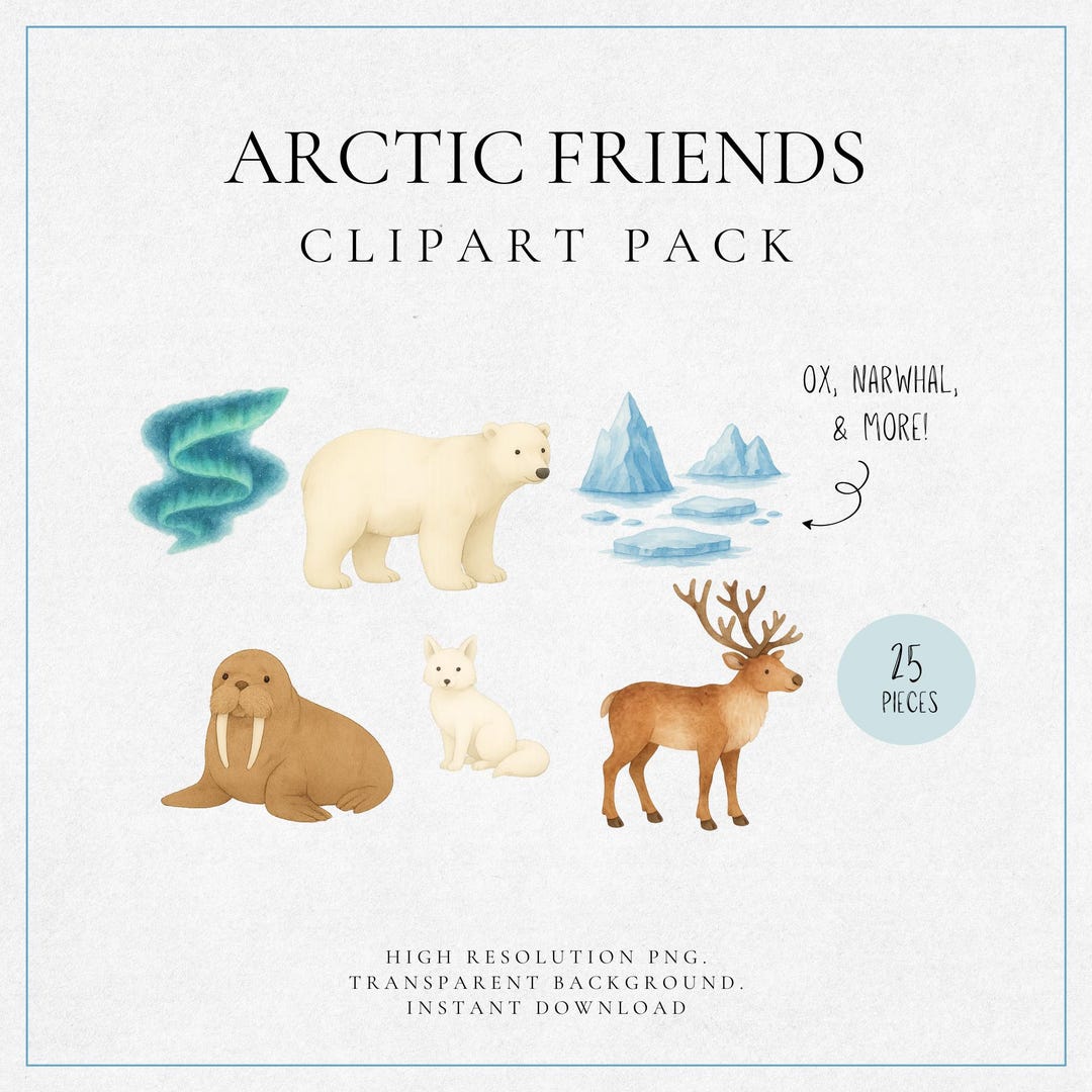 Arctic Animals Clipart | Polar Creatures Watercolor PNG | Winter ...