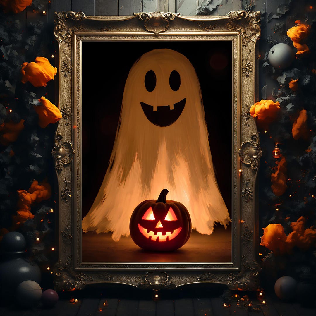 Glowing Ghost & Jack-o’-lantern on Black – Minimal Halloween Printable ...