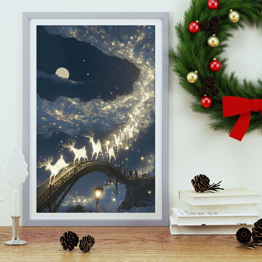 Glowing Reindeer on Moonlit Bridge – Starry Swirl Night Holiday ...