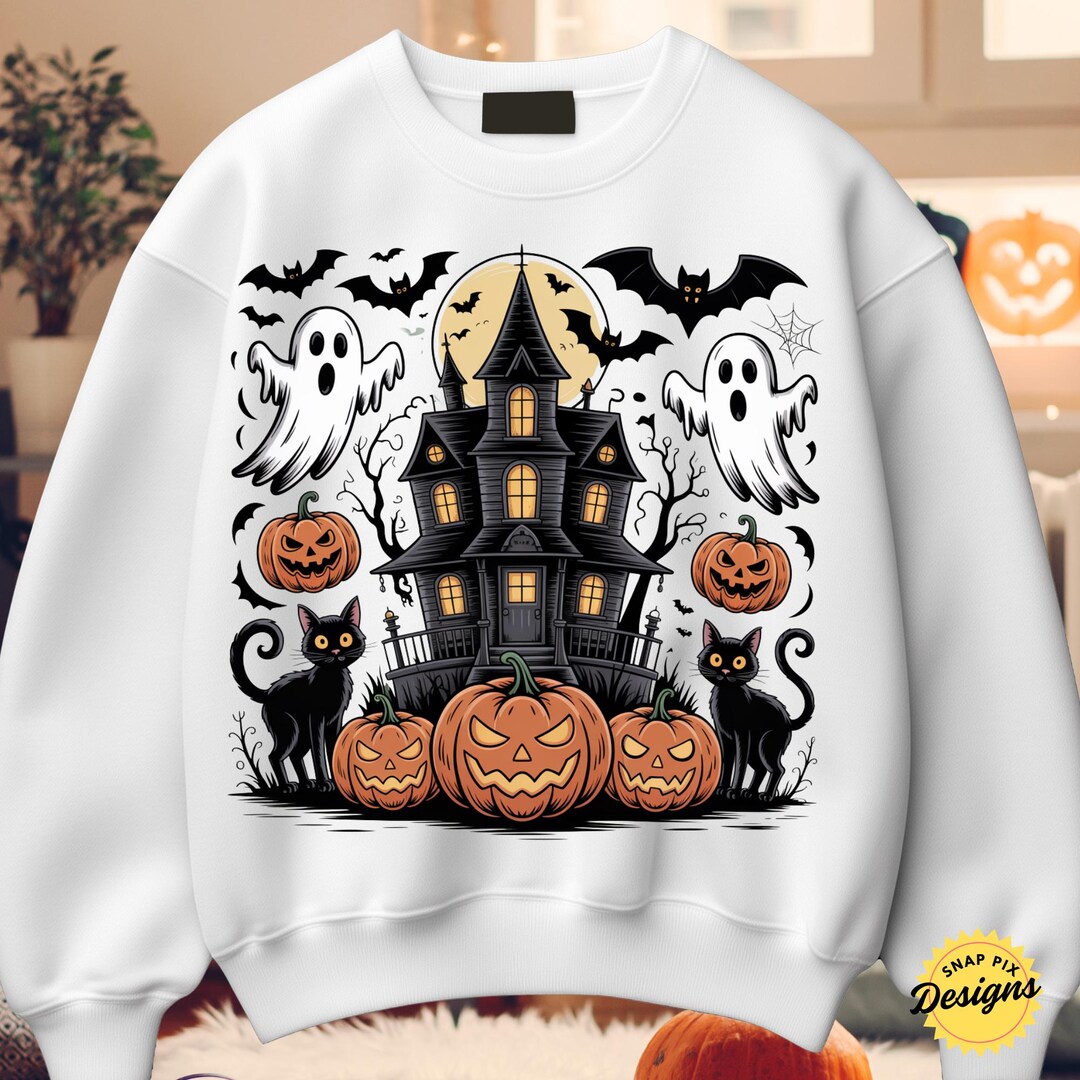Vintage Halloween Clipart: Ghost, Pumpkin, Haunted House (PNG Digital ...