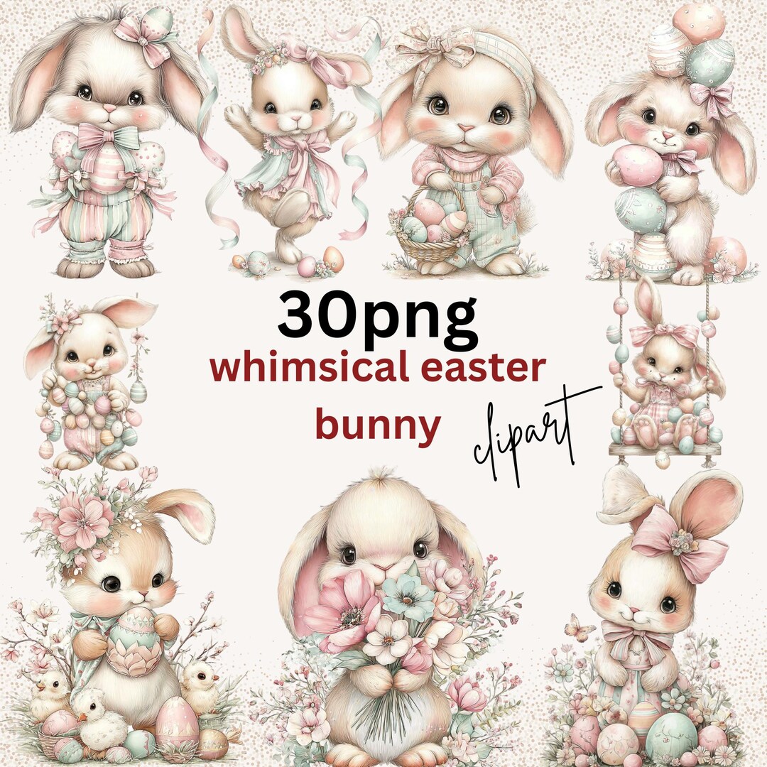 Whimsical Easter Bunny Clipart Set: 26 PNG & JPG Files (digital ...