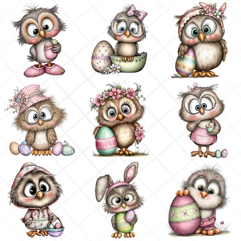Quirky Easter Owl Clipart Bundle | 43 Cute Baby Owl Pngs | Pastel ...