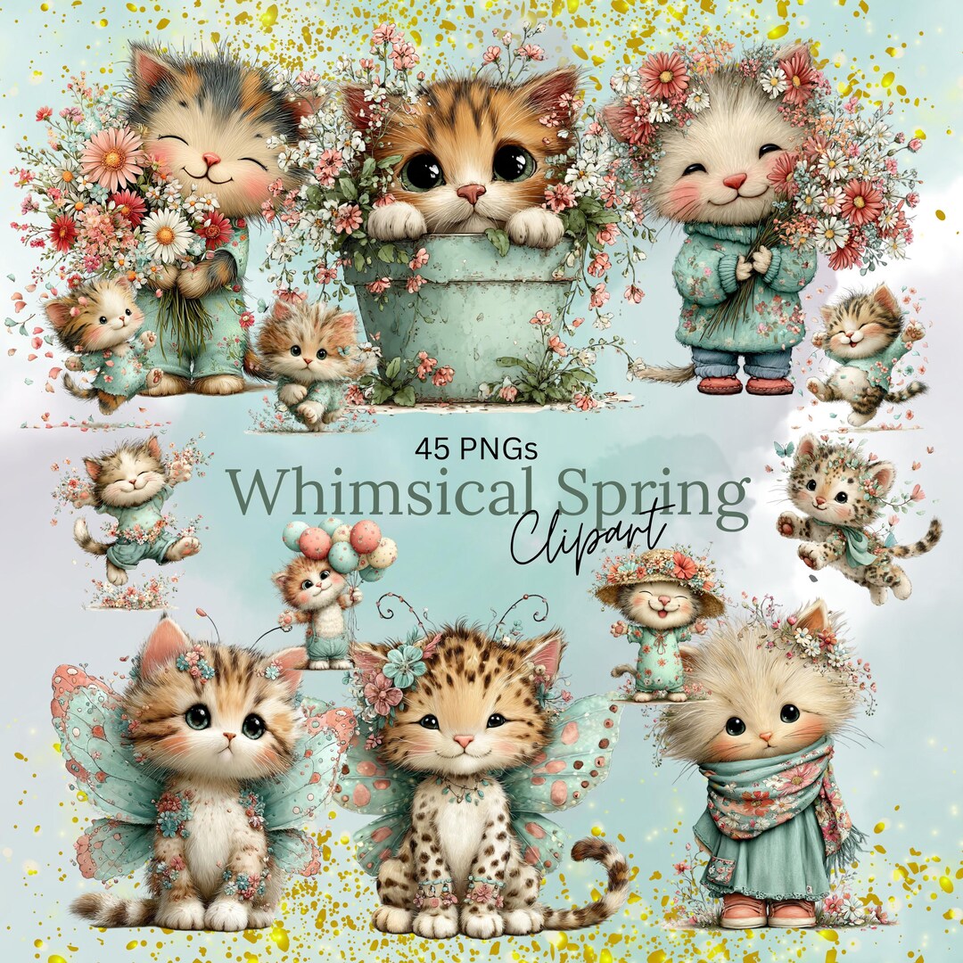 Whimsical Spring Cat Clipart Bundle | 45 Cute Kittens PNG | Floral Cat ...