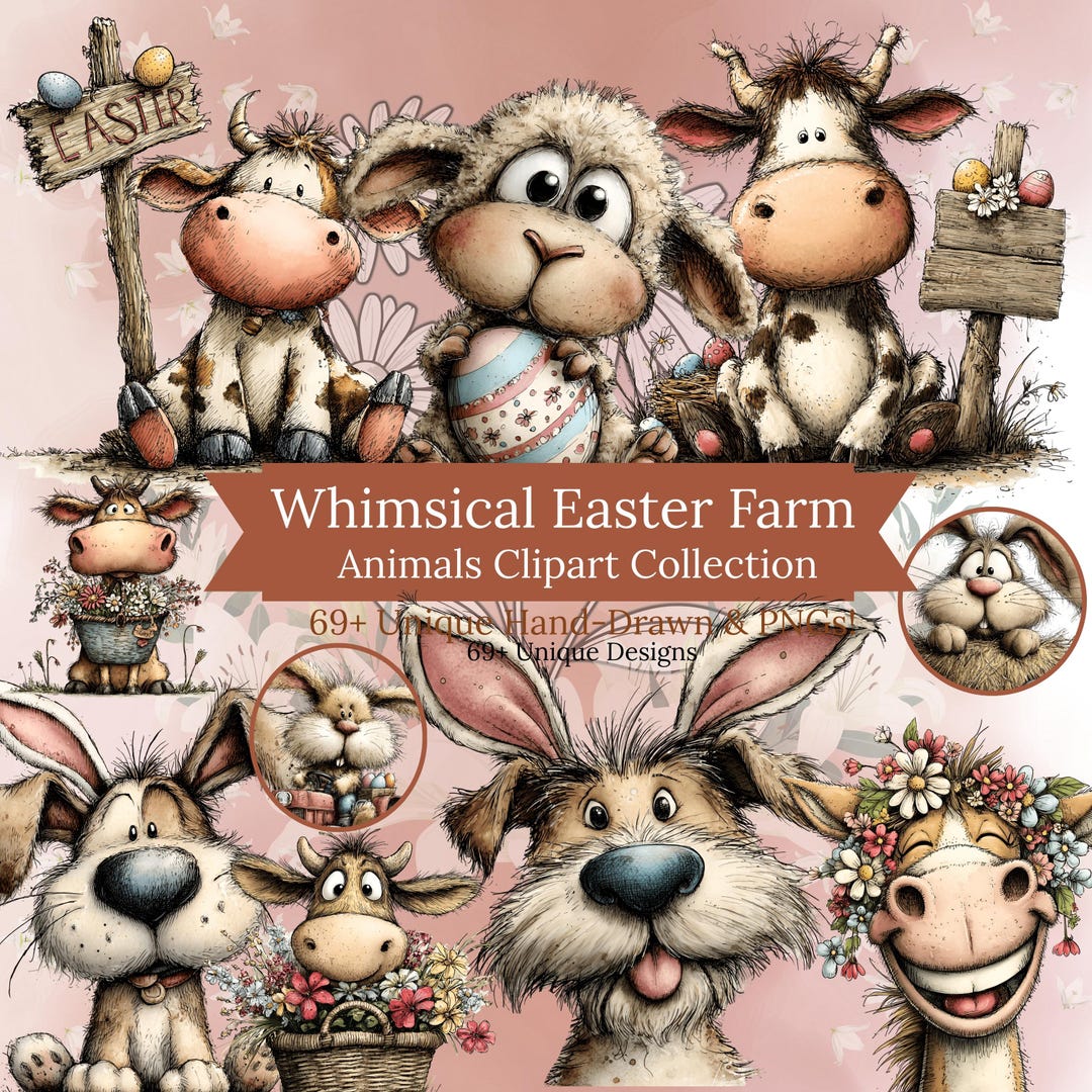 Cute Easter Farm Animals PNG Bundle, Spring Bunny Cow Sheep Clipart for ...