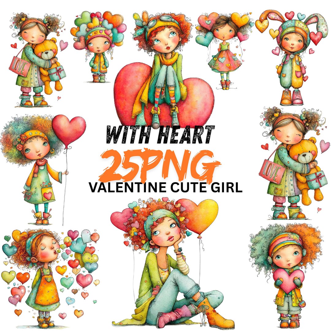 Valentine's Day Girl Clipart Bundle | 25 PNG Illustrations (digital ...