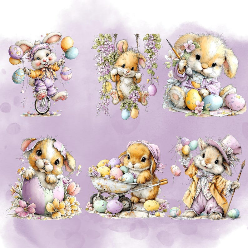 Cute Easter Bunny Clipart Bundle PNG, Whimsical Spring Rabbit Clip Art ...