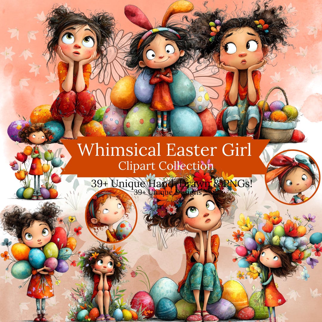 Whimsical Easter Girl Clipart Bundle PNG, Cute Spring Girl With Easter ...