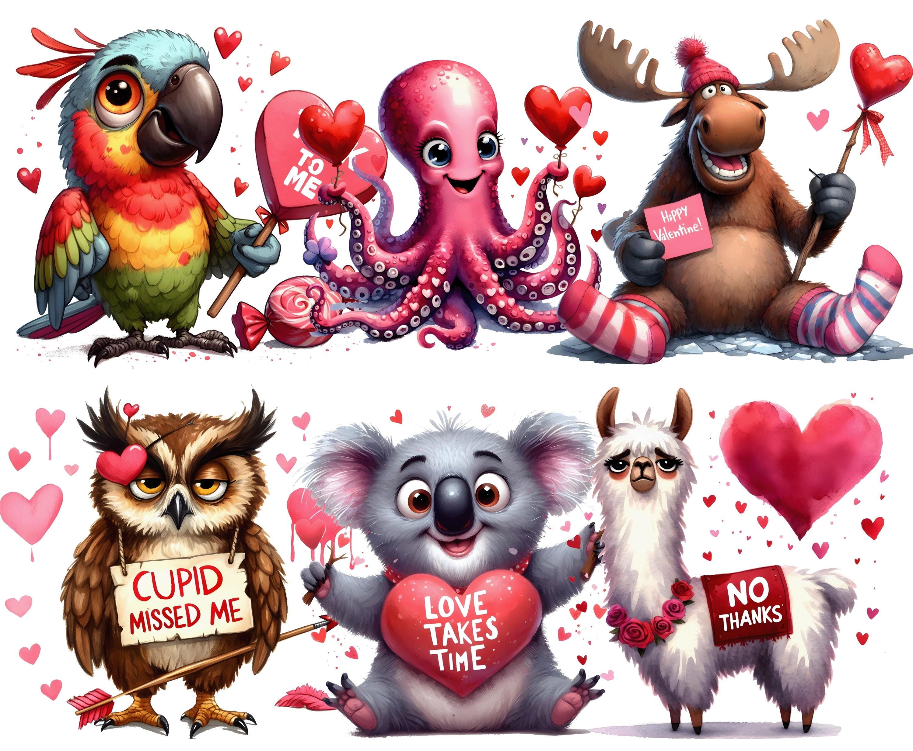 Funny Valentine Animals Clipart Bundle, Cute Quirky Love Animals PNG ...