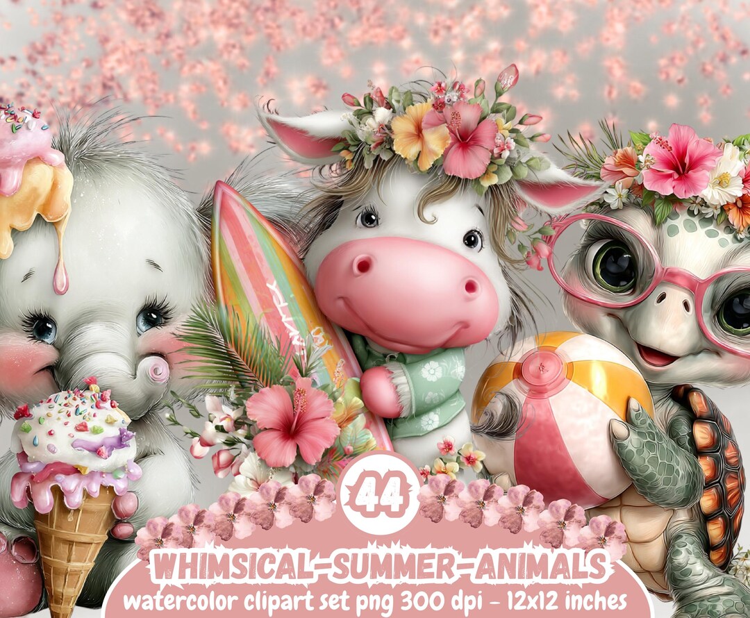 Cute Summer Animals Clipart, Funny Cartoon Animal Illustrations for ...