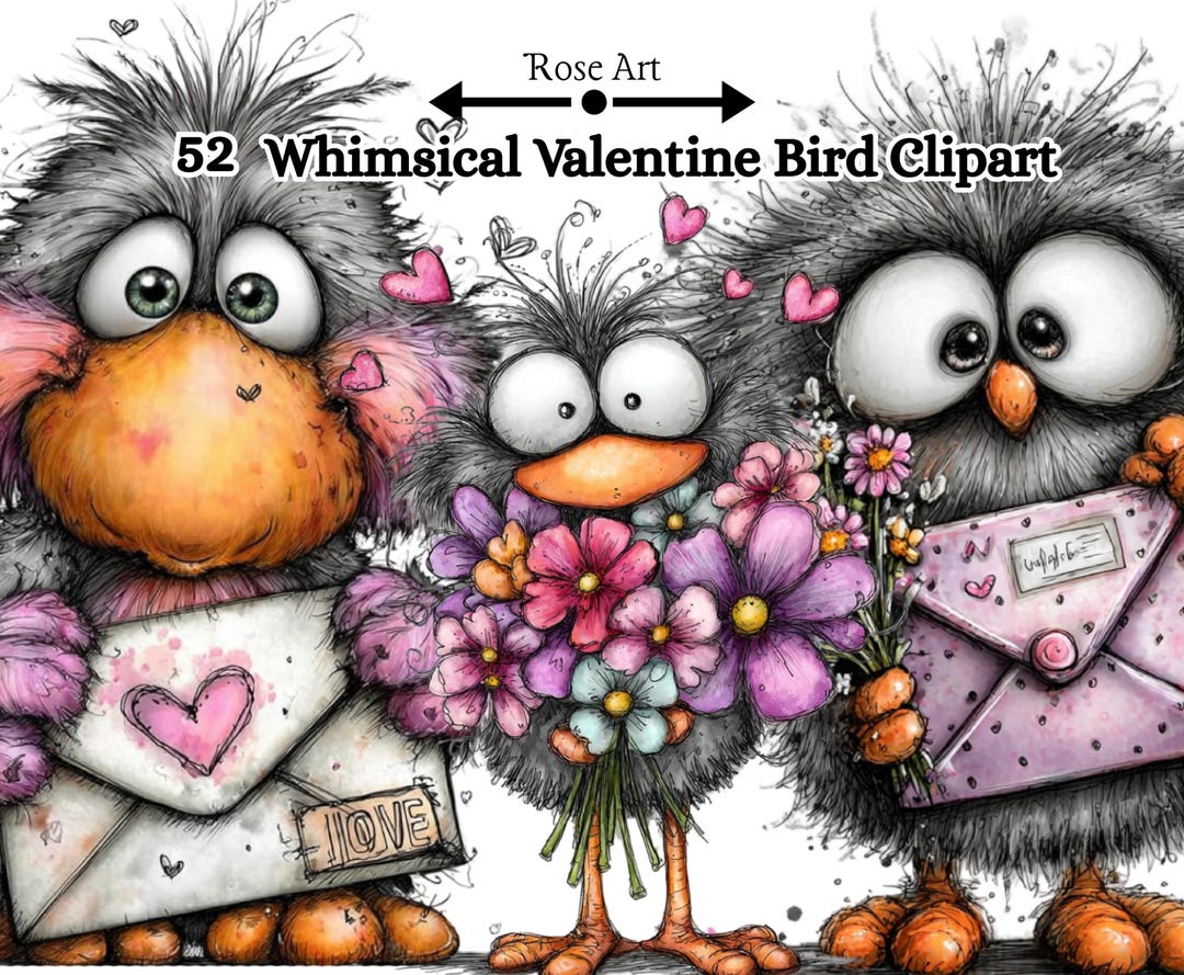 Whimsical Valentine Bird Clipart Bundle, Watercolor Love Graphics ...