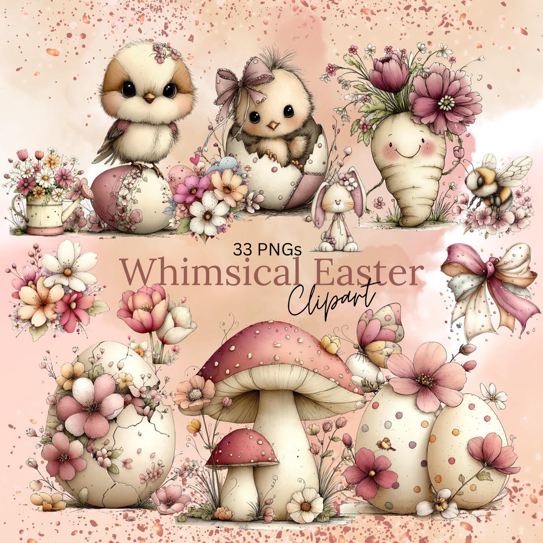 Whimsical Easter Bunny Clipart Set:cute Rabbit With Flowers Digital ...