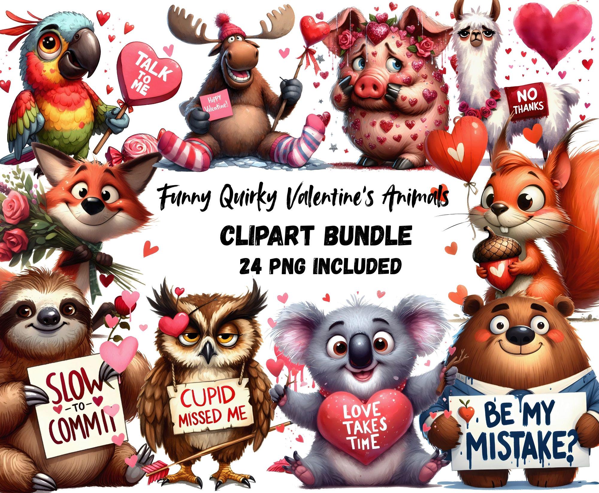 Funny Valentine Animals Clipart Bundle, Cute Quirky Love Animals PNG ...