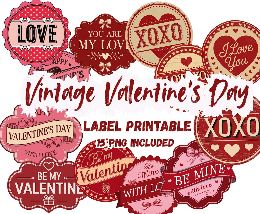 Vintage Valentine’s Day Labels Printable | Retro Love Stickers PNG ...