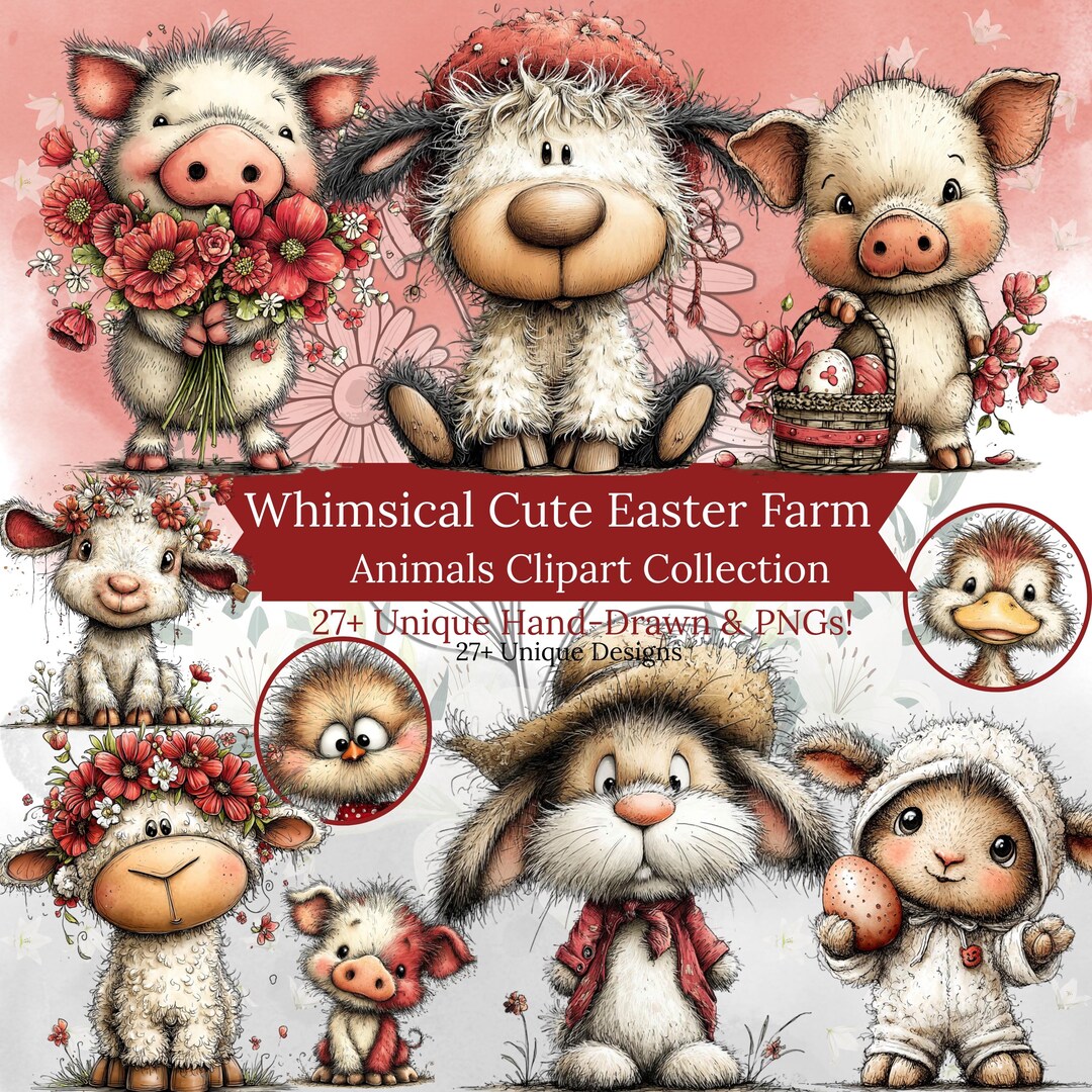 Whimsical Easter Farm Animals PNG Bundle, Cute Bunny Lamb Pig Chick ...