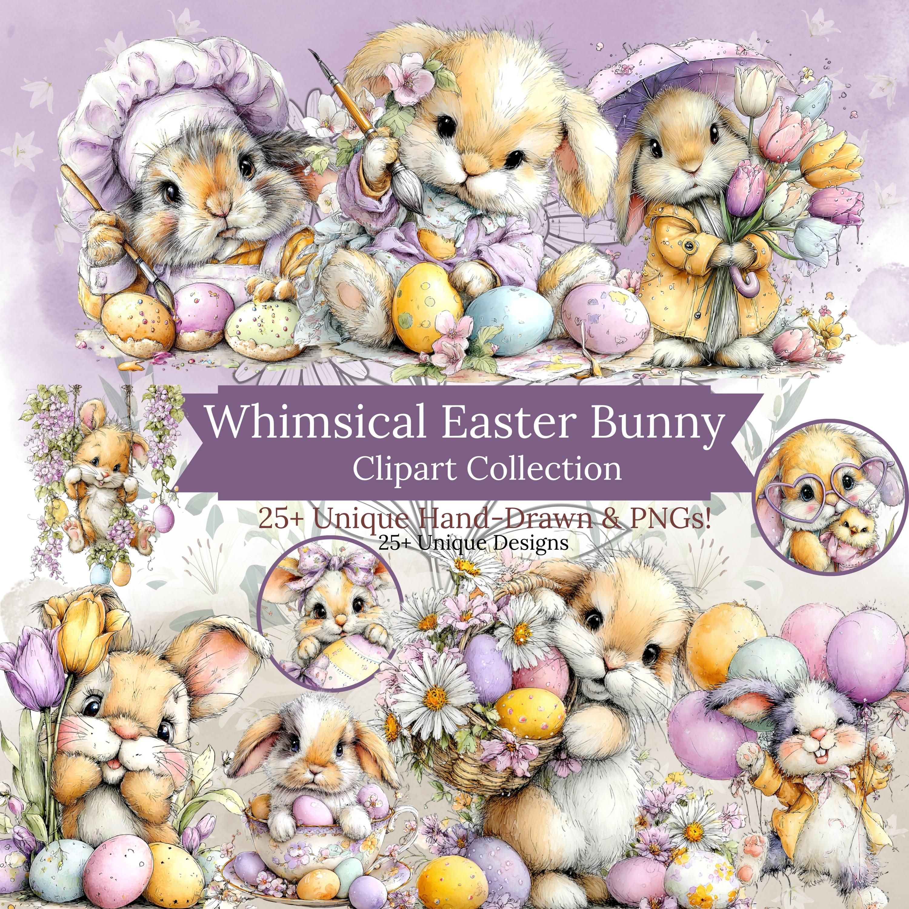 Cute Easter Bunny Clipart Bundle PNG, Whimsical Spring Rabbit Clip Art ...